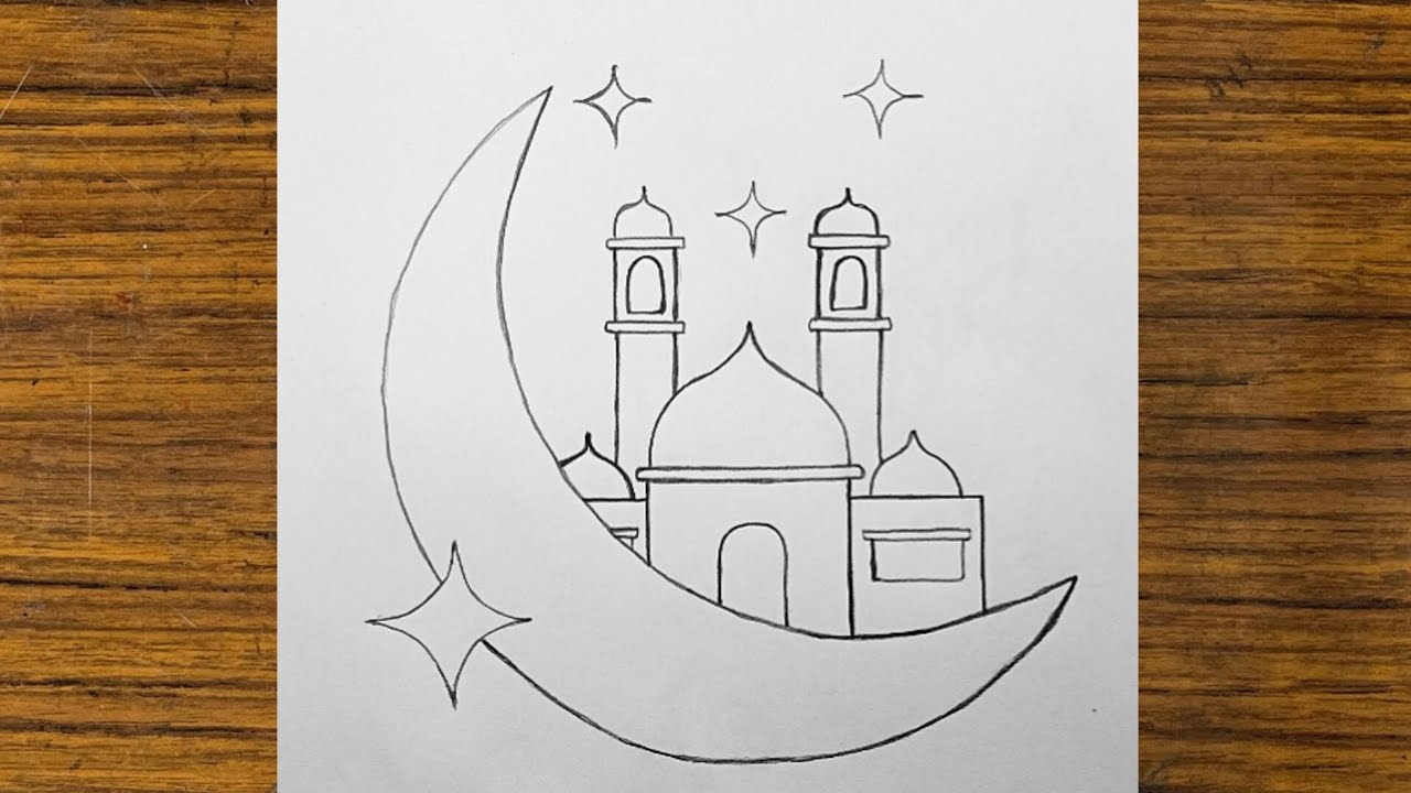 Easy Ramadan Drawing | Crescent Moon & Mosque Sketch | Ramadan Kareem ...