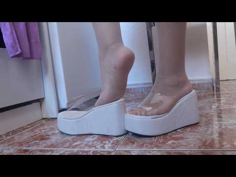 White Wedge Sandals Try On with Pantyhose