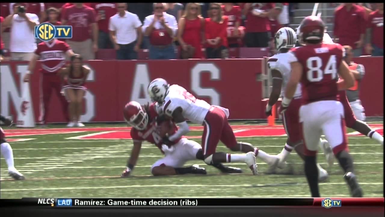 2013 USC vs Arkansas - Jimmy Legree Forced Fumble - YouTube
