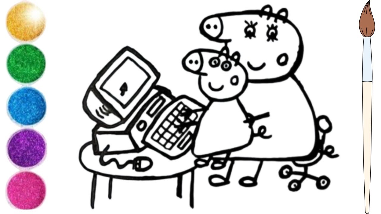 Drawing and Coloring Peppa Pig and his child at the computer 🌈🐽🐷Drawing ...