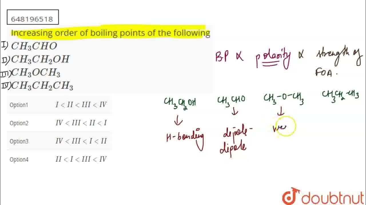 Increasing order of boiling points of the following CH_3CHOCH_3CH_2OHCH ...