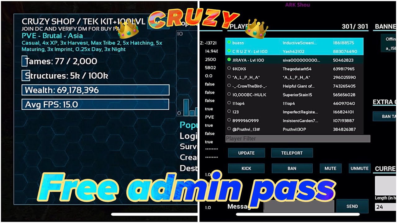 ARK MOBILE FREE ADMIN PASS ️😌 @ArkCruzyYT - YouTube