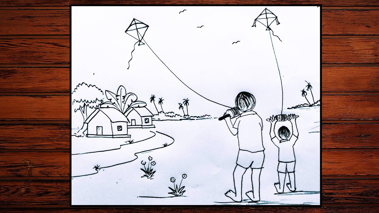 How to draw kites flying scenery || সহজে ঘু‌ড়ি উড়ানোর দৃশ্য আঁকা # ...