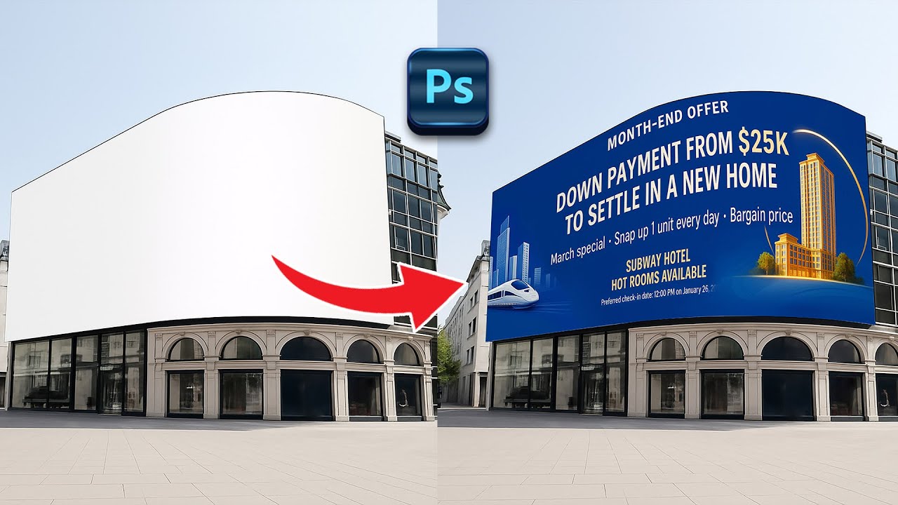 Adobe Photoshop tutorial to make curved billboard mockup design - YouTube