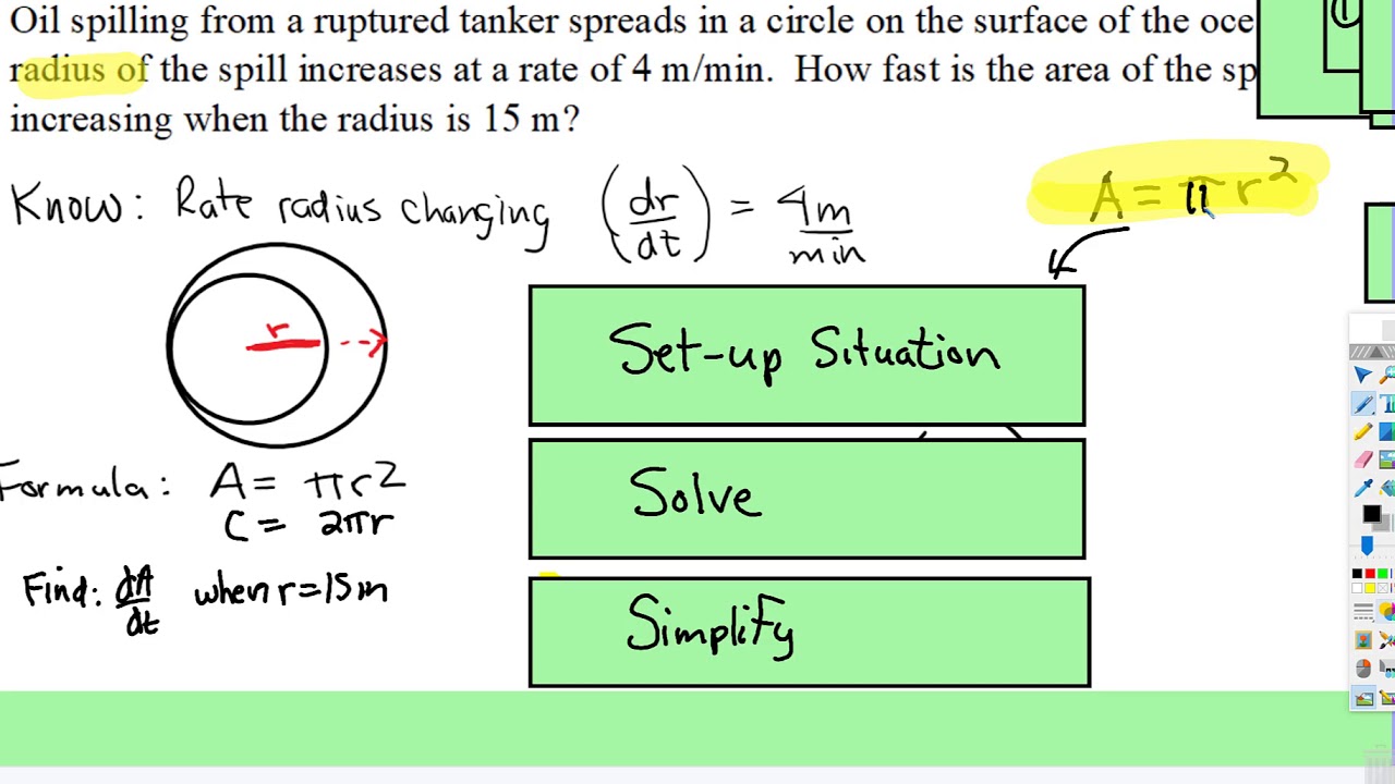 Derivatives: Related Rates - Circle with Area Increasing - YouTube