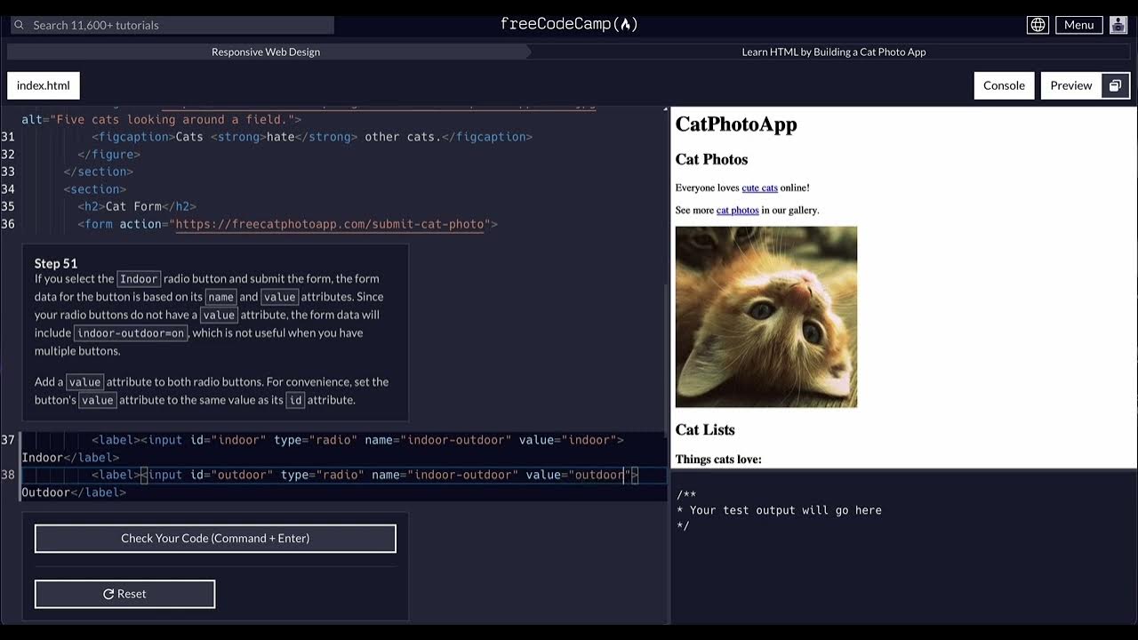 FreeCodeCamp - Responsive Web Design - Step 51 of 71 - Learn HTML by Building a Cat Photo App ...