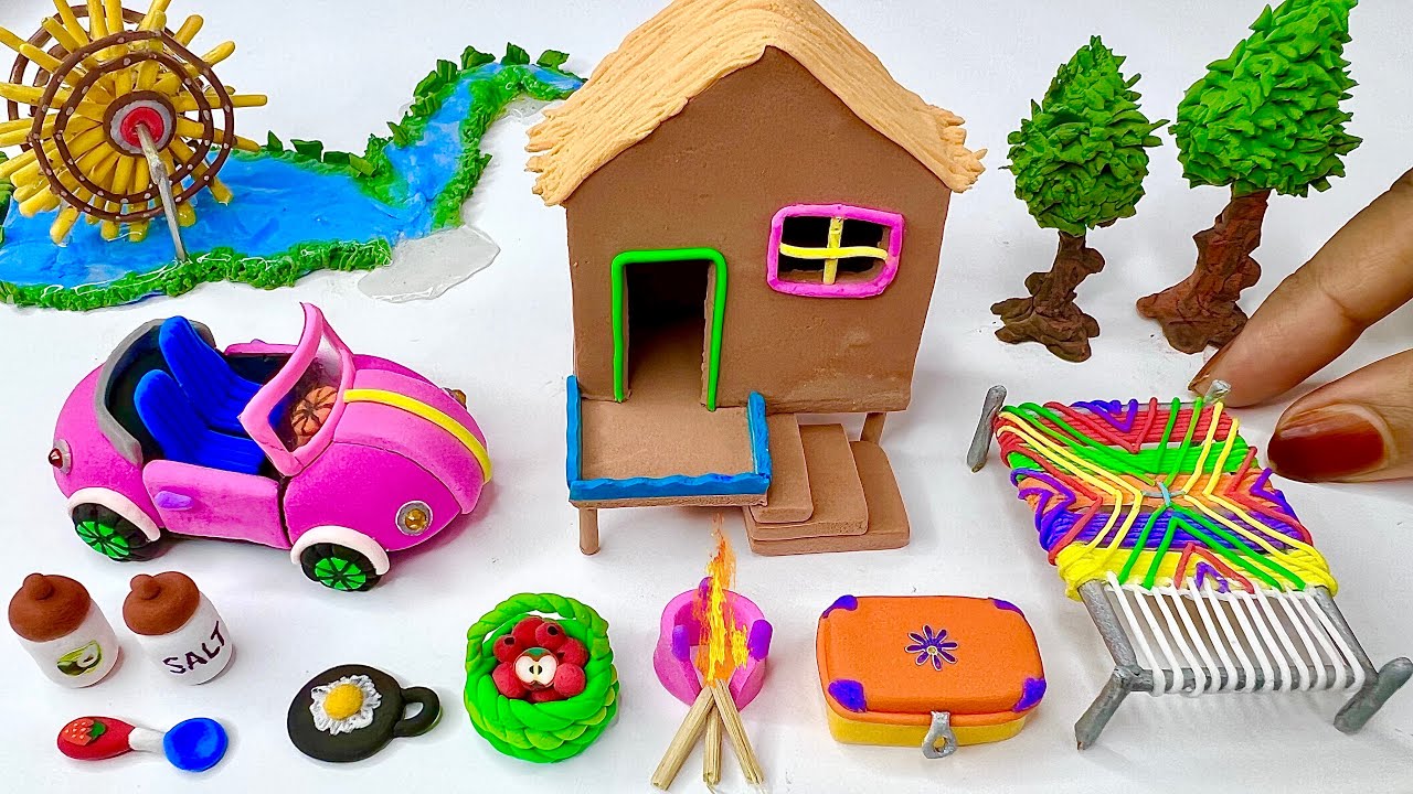 DIY How to make polymer clay miniature house, Kitchen set, Car, Water ...
