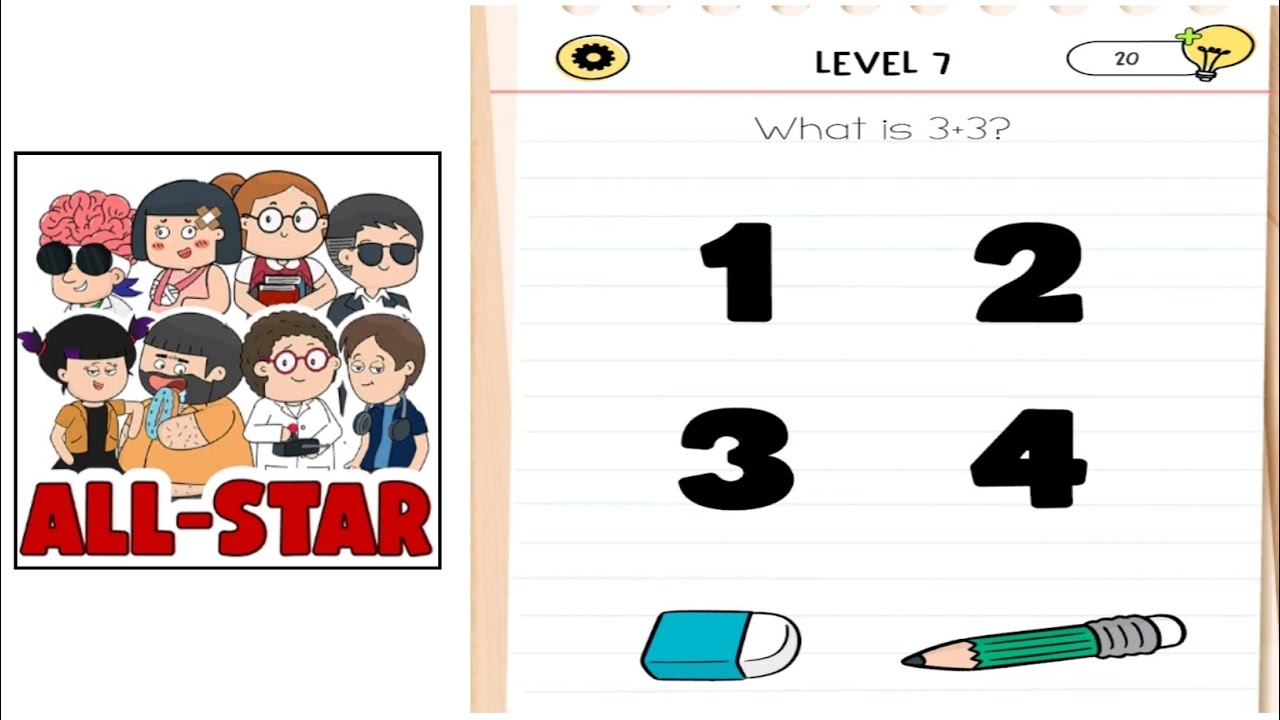 Brain test all star level 7 what is 3+3? walkthrough solution - YouTube