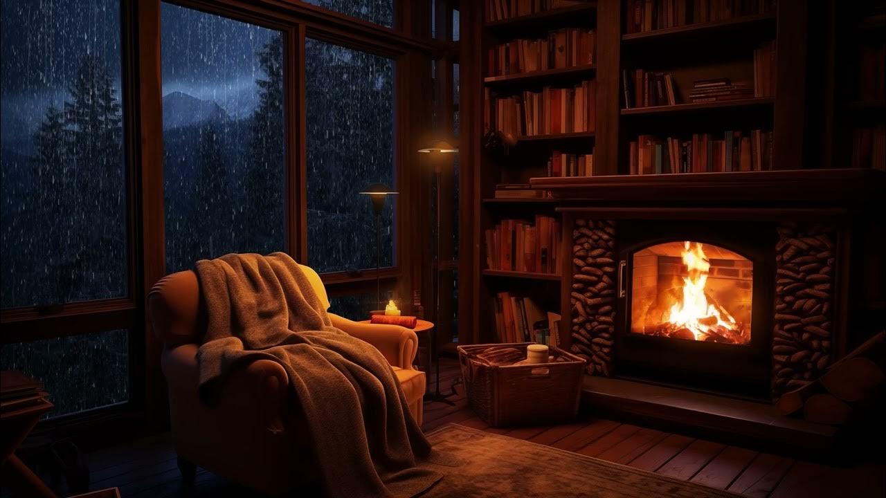 Thunderstorm with Lightning, Rain, Crackling Fireplace & Sleeping Cats in a Cozy Living Room ...