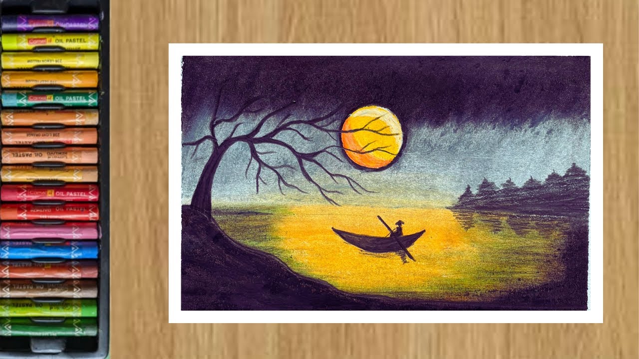 How to draw moonlight scenery with oil paste /for beginners step by ...