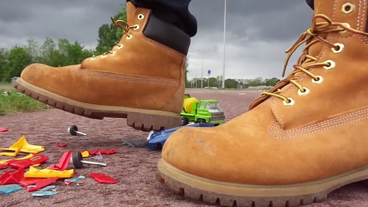 Timberland boots stomp and destroy some vintage toy modelcars - YouTube
