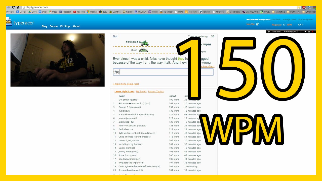 ♣Brandon♣ hits 150 wpm on TypeRacer - YouTube