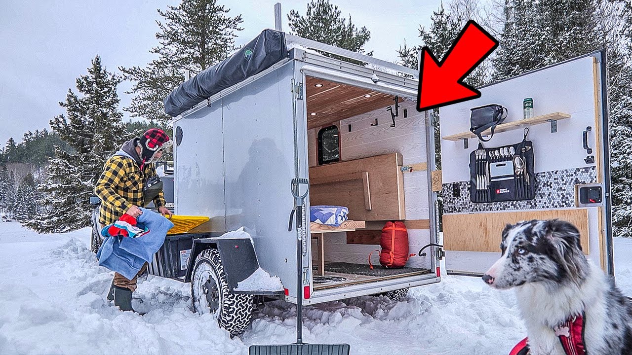 Camping in DEEP SNOW! Cargo Trailer Conversion with Diesel Heater - YouTube