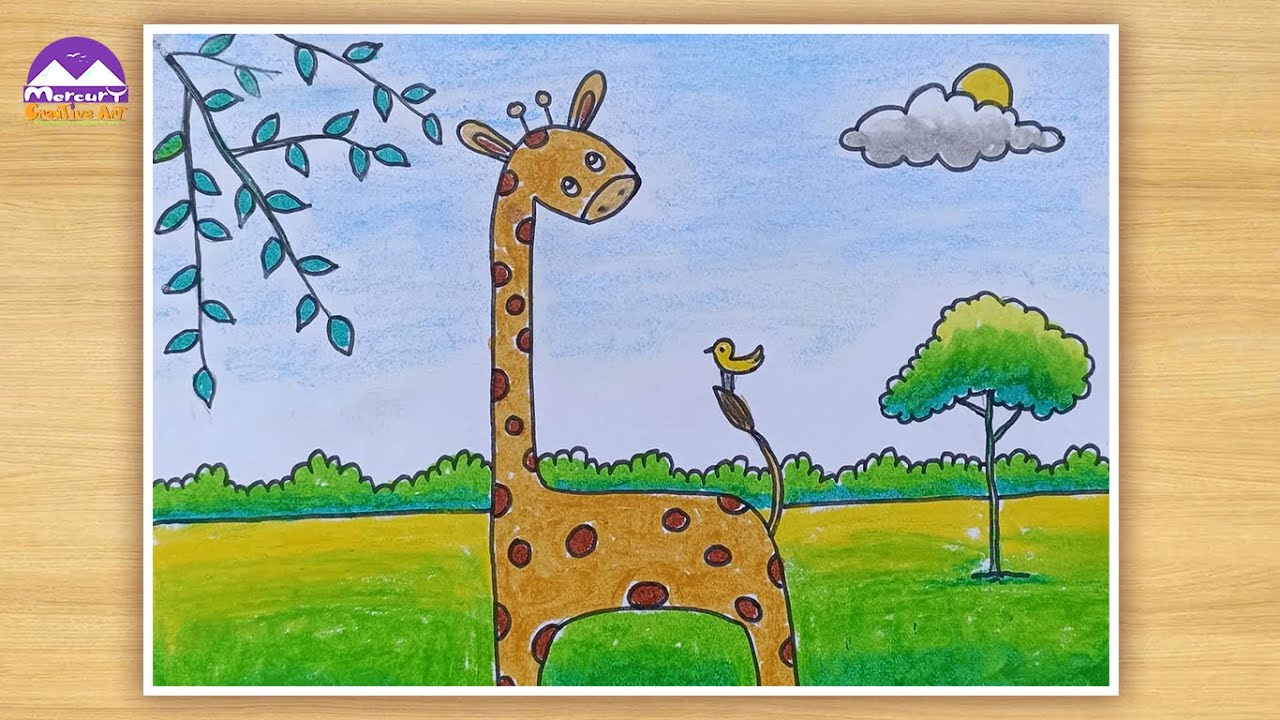How to draw giraffe with scenery - YouTube