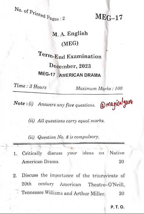 MEG 17 Question Paper December 2023 | American Drama question paper december 2023 | IGNOU ...