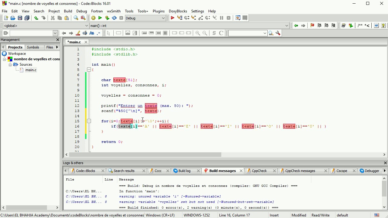 Nombre des consonnes et voyelles : Langage C (Darija) - YouTube