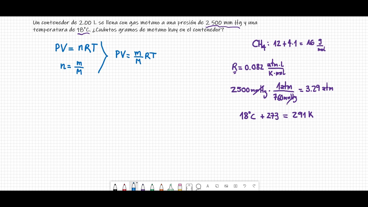 Masa de metano contenida en un recipiente (ecuación de los gases ...