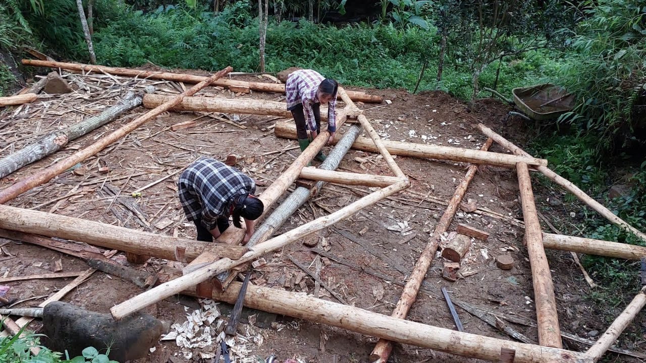 Building a wooden house in the forest: Preparing materials and ...