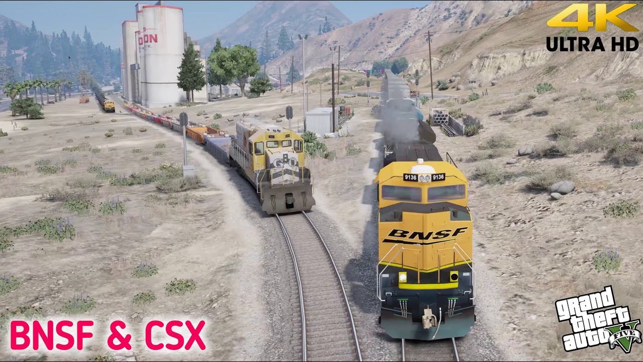GTA V - Long Freight Train with BNSF 9136 & CSX 4838 – Collision ...