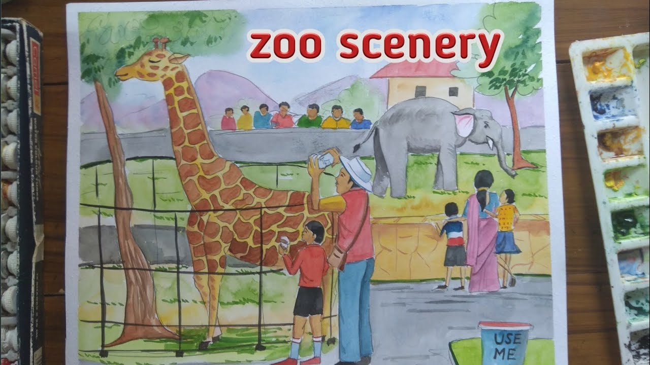 how to draw zoo scenery/zoo scenery drawing by watercolor step by step ...