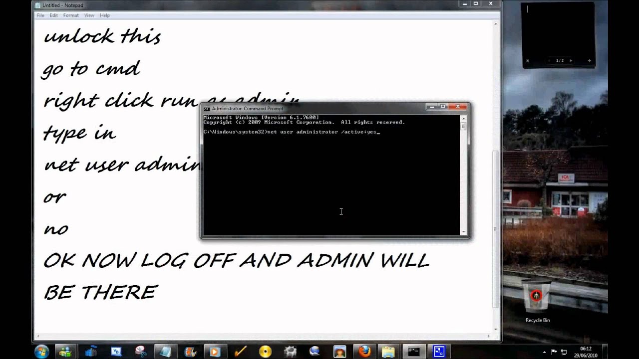 CMD unlock admin windows 7 2010 (Full HD) - YouTube