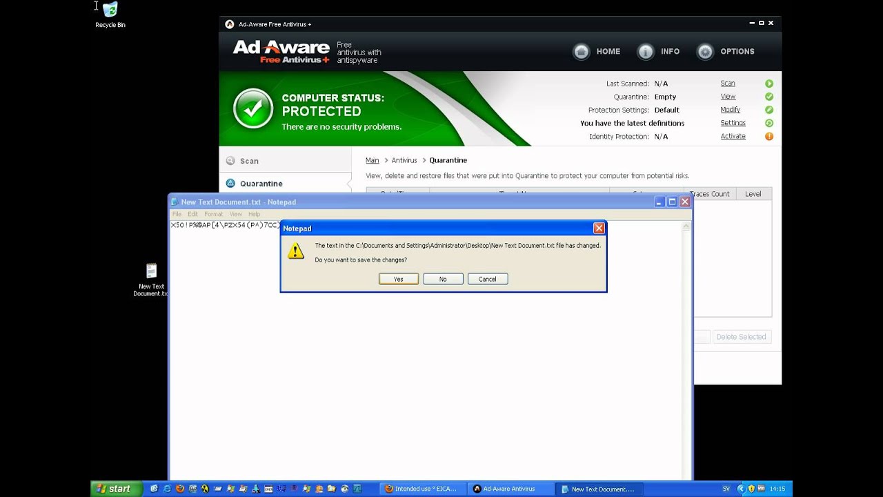 Ad-Aware 10 detecting EICAR test file string - YouTube