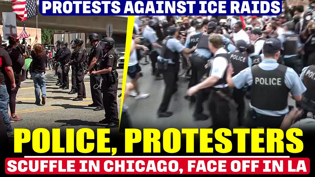 Protests Against ICE Raids |Police protesters scuffle in Chicago | face ...