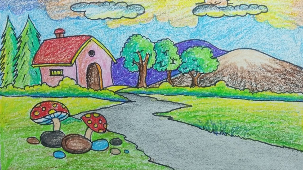 Landscape - crayons - YouTube