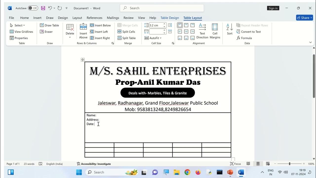 invoice create by using table and text box - YouTube
