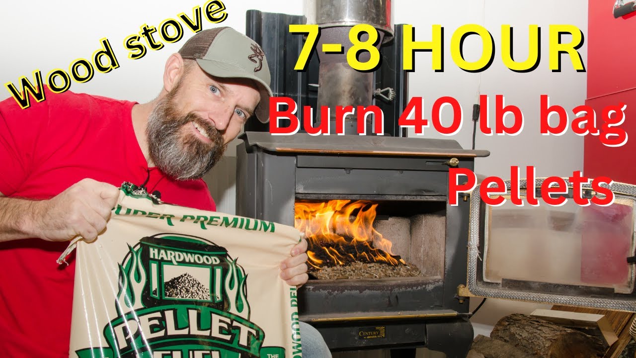 Can burn 40 lb bag of wood pellets 7- 8 hours in my wood stove - YouTube
