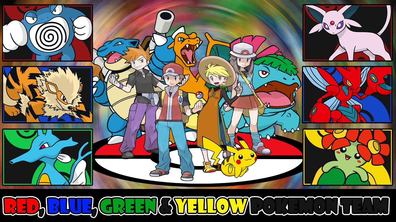 RED, BLUE, GREEN AND YELLOW POKEMON TEAM IN THE ANIME - YouTube