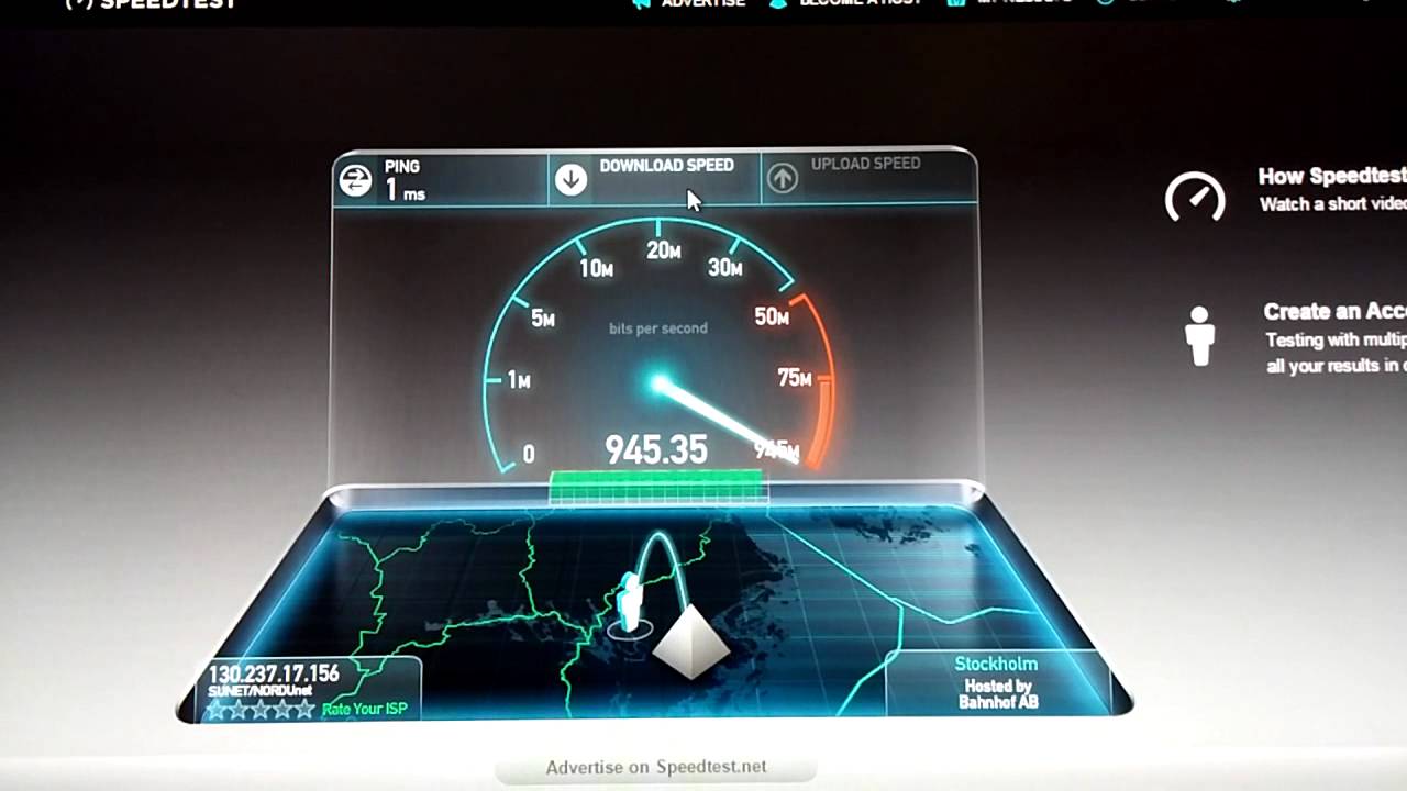 Sweden fiber internet speed test - 1 Gbps - YouTube
