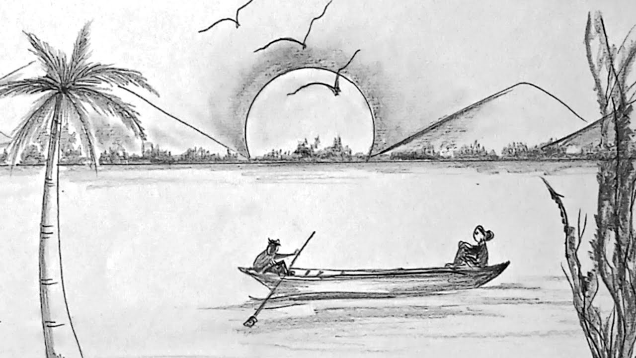 Beautiful river side view drawing ll easy pencil shading landscape ...