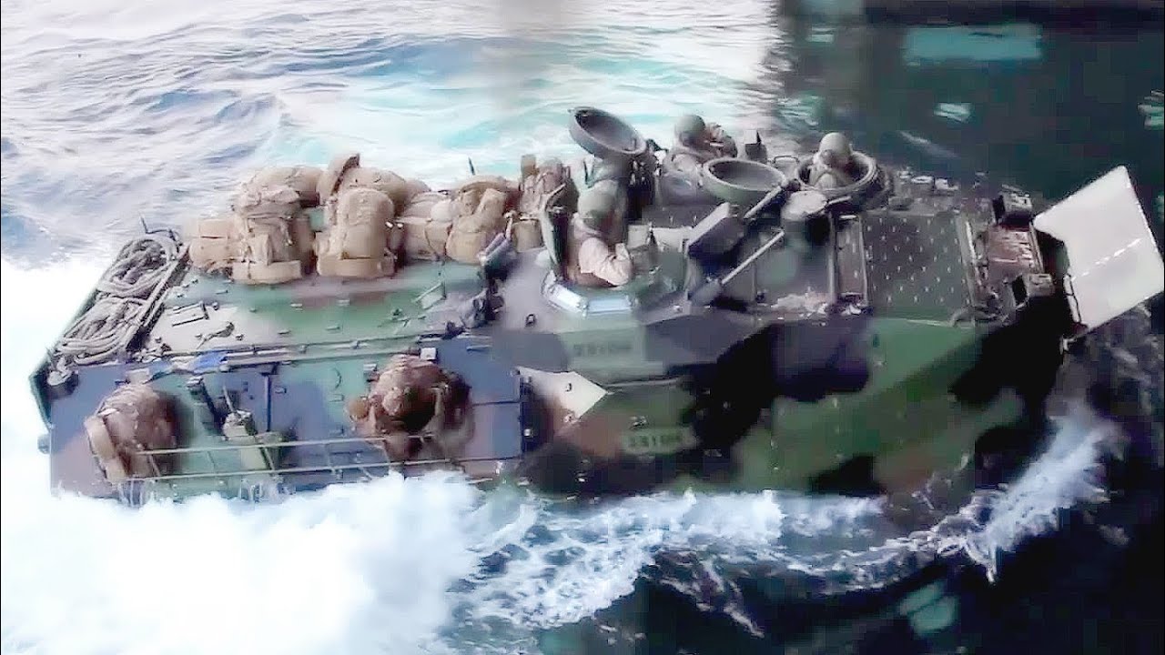 U.S. Marines Assault Amphibious Vehicle - Well Deck Landing - YouTube