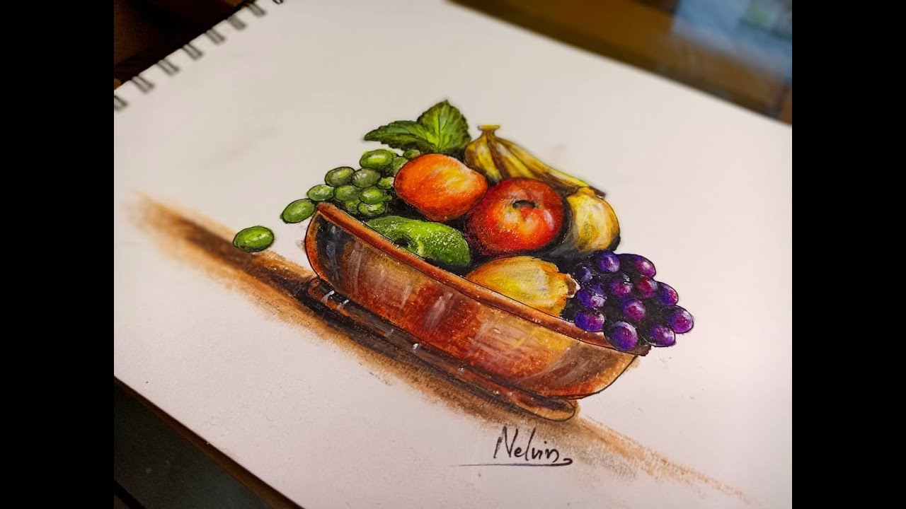 Easy Fruit Basket Drawing || Oil Pastels || Fruits EP 01 - YouTube
