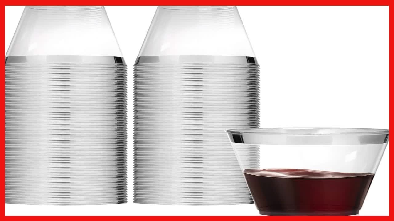 9 oz Silver Rim Clear Disposable Plastic Cups (100 Pack) Tumbler ...