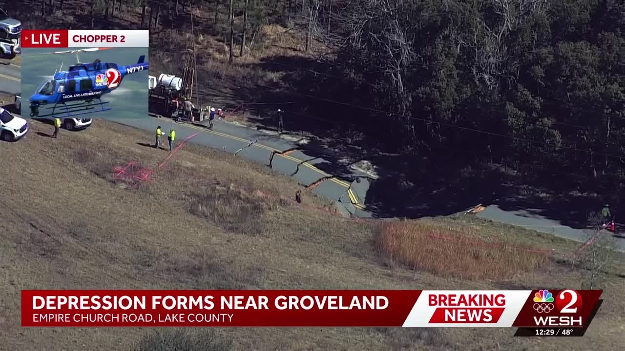 Depression causes road closure in Lake County - YouTube