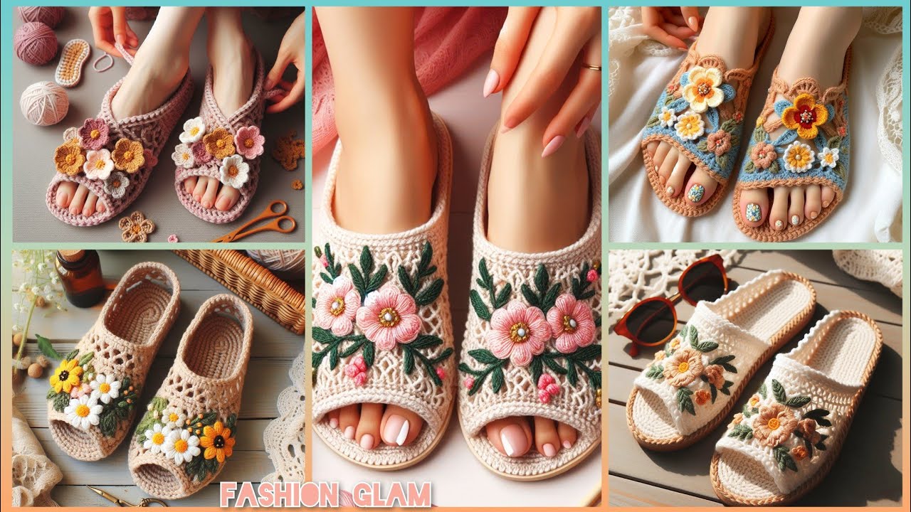 Latest Hand Embroidered Crochet Flat Summer Slippers Design For Women's ...