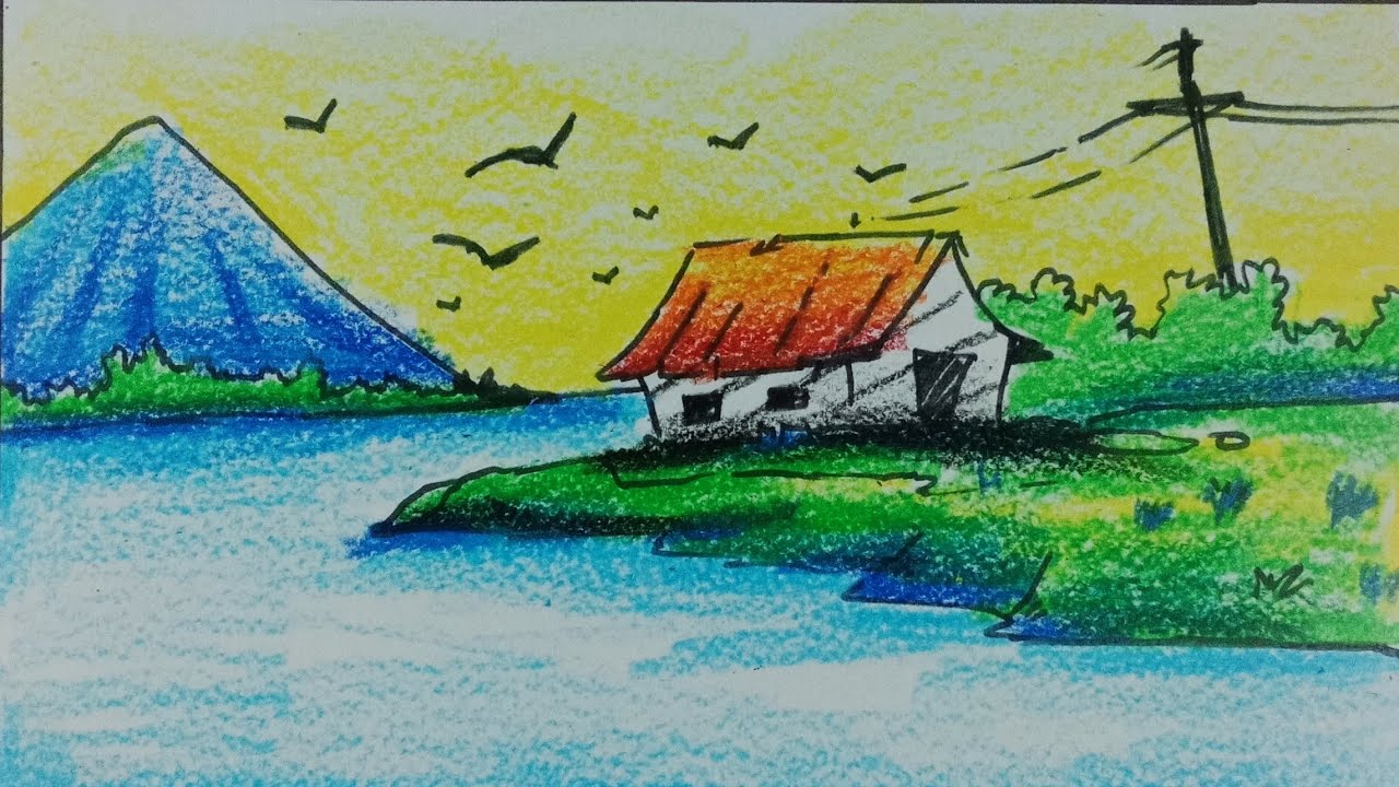 how to draw very easy scenery for kids With Oil Pastel | Drawing Simple ...