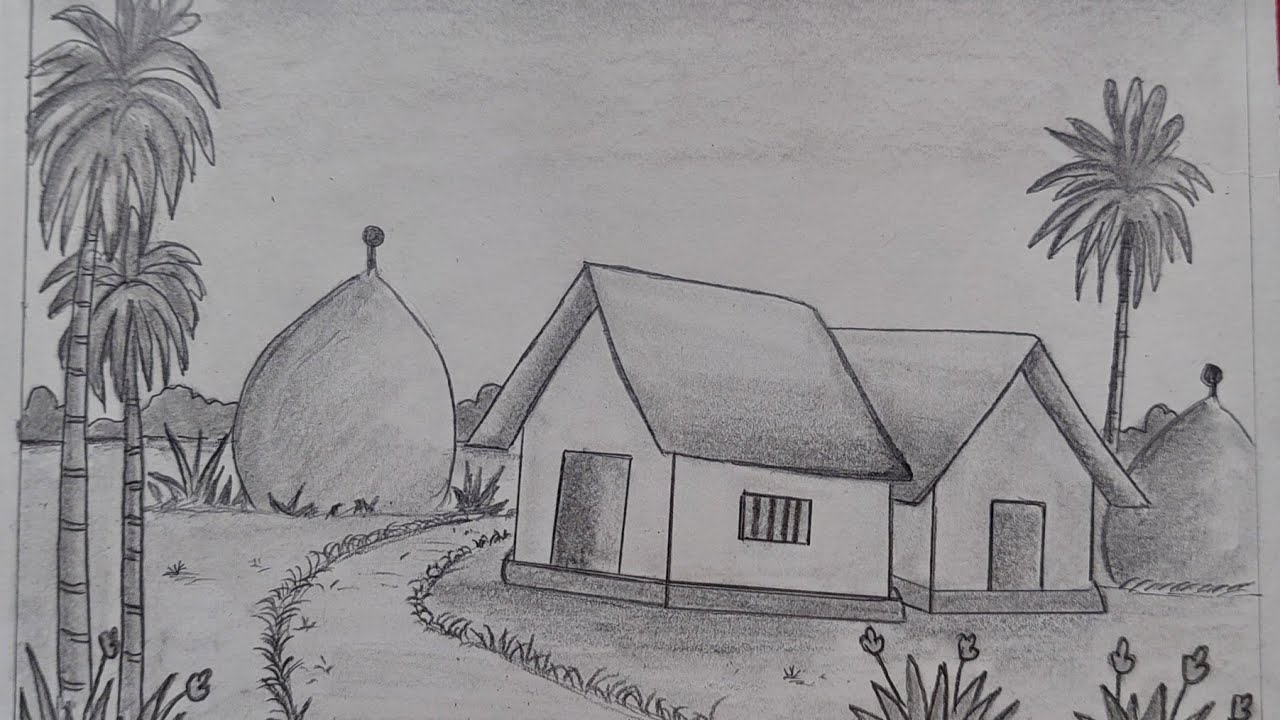 How to draw a village scenery with pencil sketch / landscape village ...