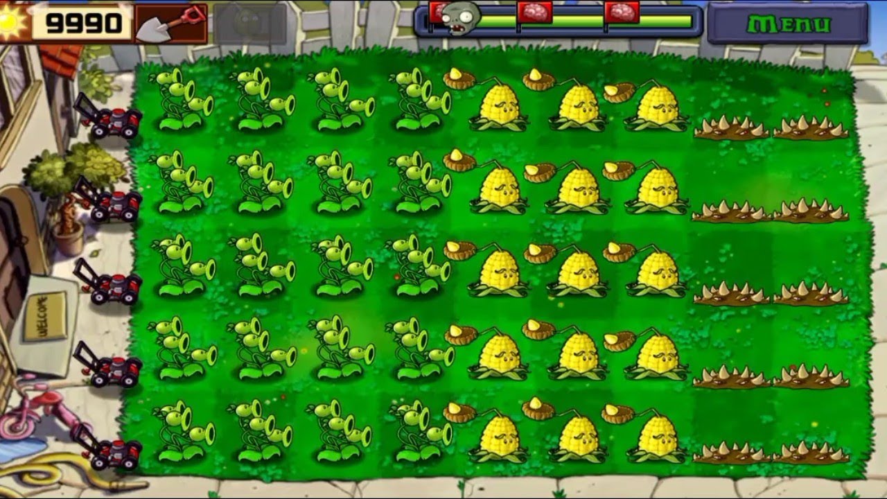Pvz Adventure | Three Pea + Kernelpult + Spikeweed vs All Zombies ...