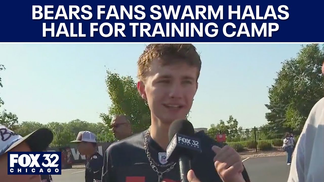 Bears fans swarm Halas Hall in Lake Forest for training camp - YouTube