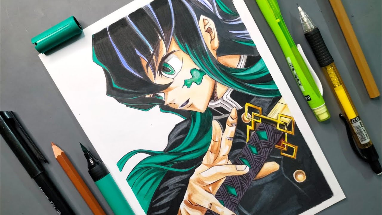 Muchiro Tokito drawing 😌 with doms pencil colours and camlin brush ...