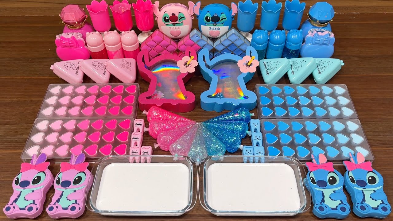 PINK VS BLUE STICH I Mixing random into Glossy Slime I Satisfying Cun ...