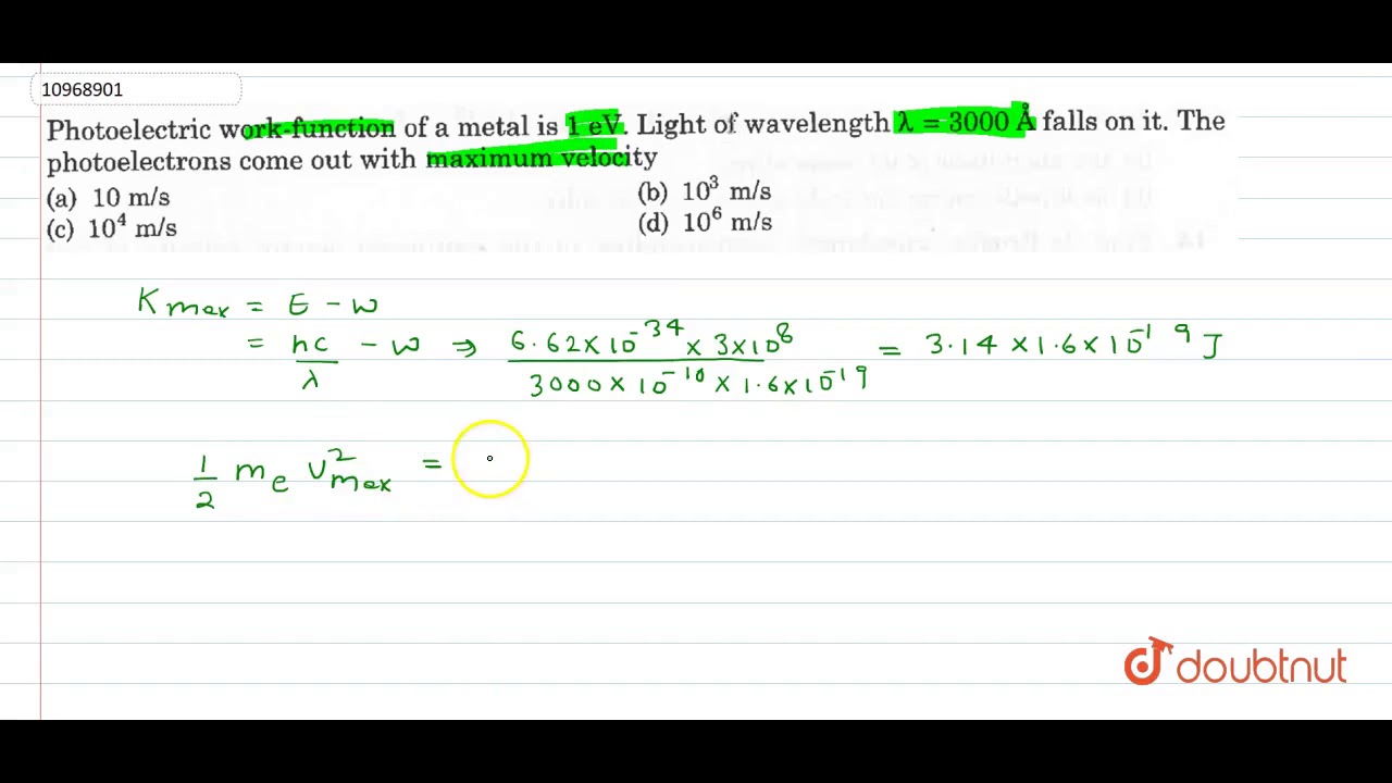 Photoelectric work- function of a metal is 1 eV. Light of wavelength ...