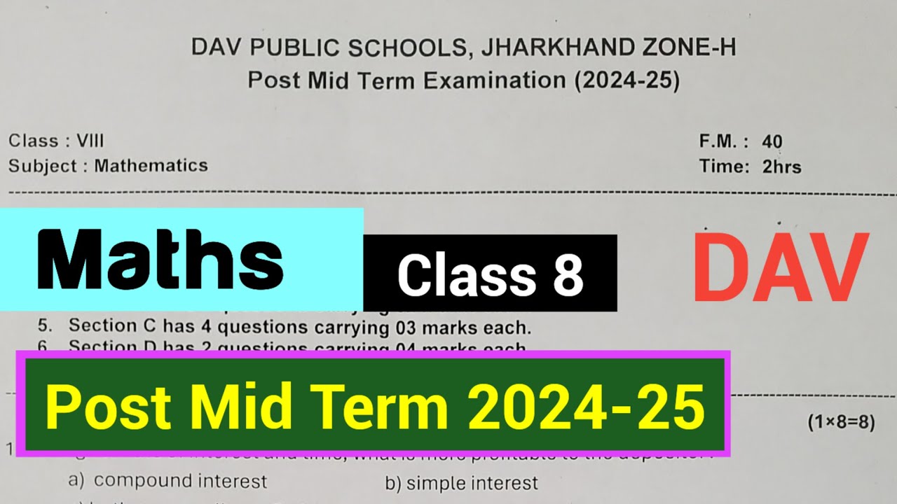 DAV Class 8 Maths Post Mid Term Question Paper 2024 - YouTube