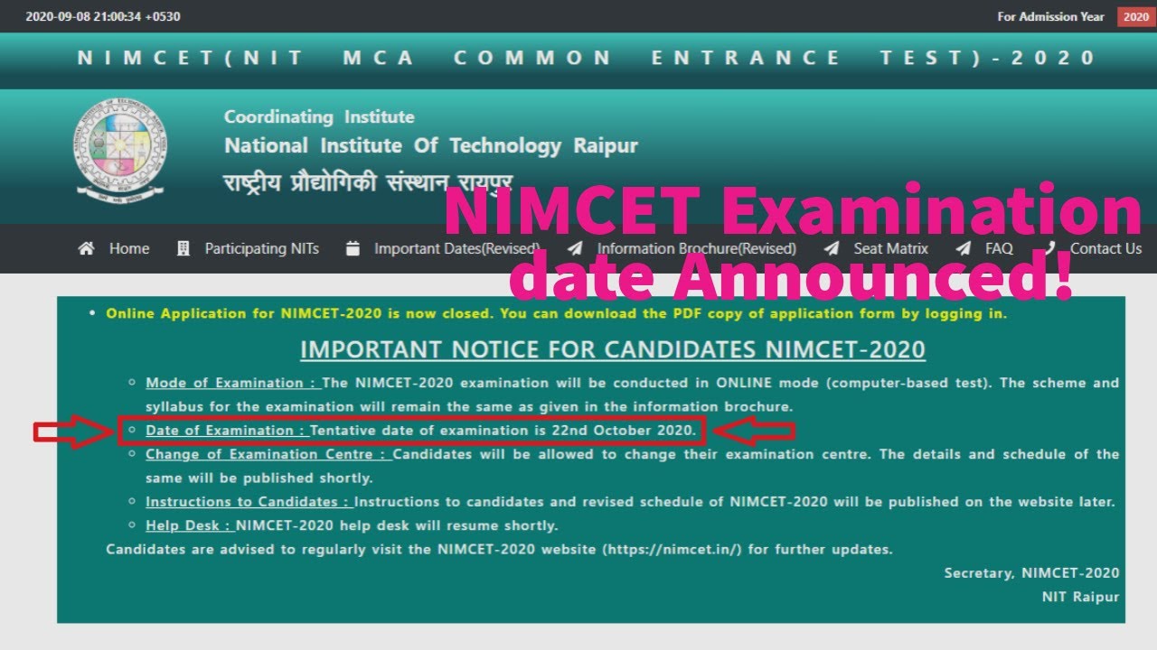 NIMCET 2020 Exam Date Announced | Latest Update for NIMCET 2020 | Exam ...