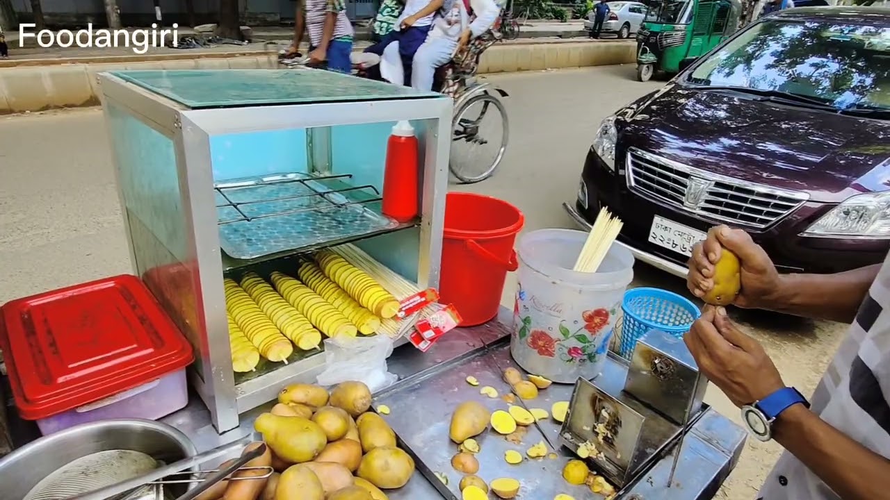 spiral potato twister chips making | Bangladeshi street food - YouTube