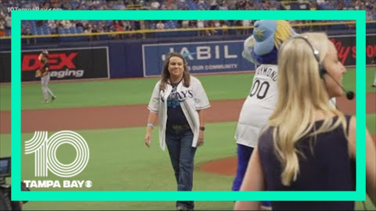 FHP Trooper Toni Schuck throws first pitch at Rays home opener - YouTube
