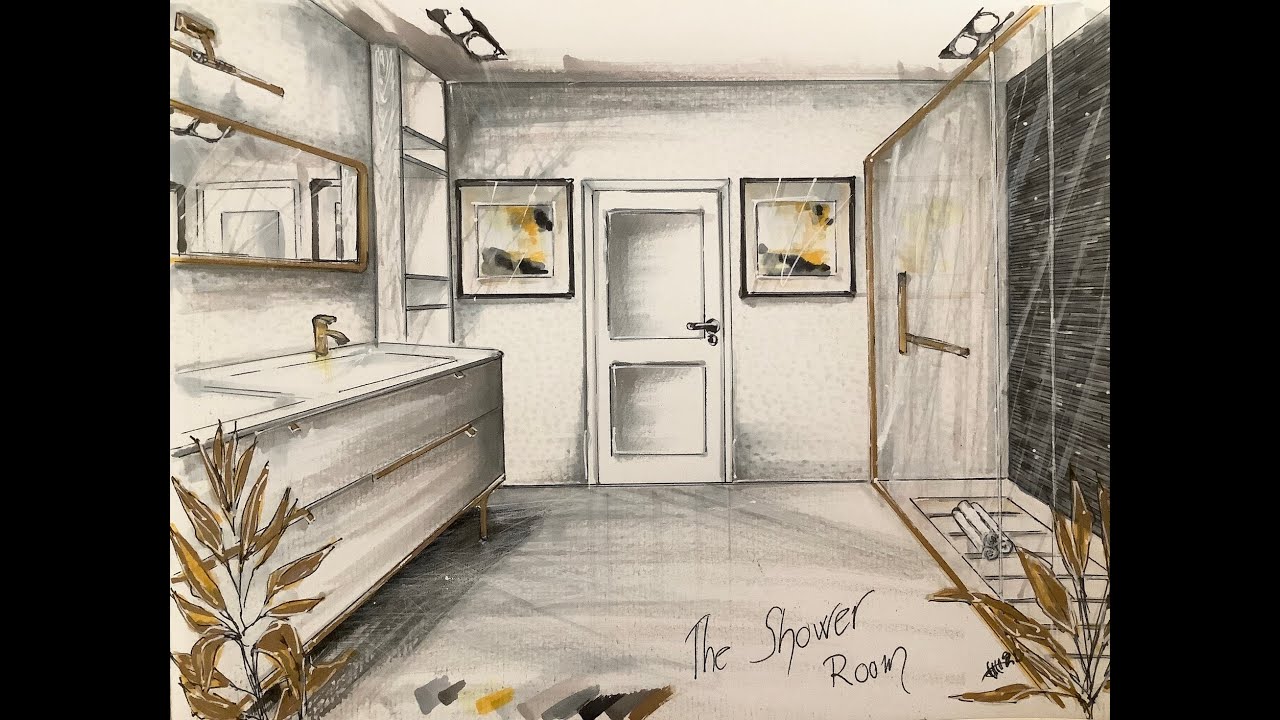 HAND RENDERING Interior Design Tutorial Bathroom Sketch In ONE POINT hand-rendering-interior-design-tutorial-bathroom-sketch-in-one-point